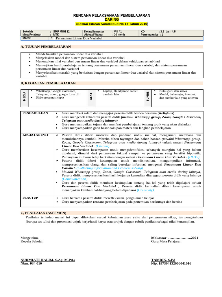 Rpp Daring Matematika Kelas 8 Semester Genap | PDF