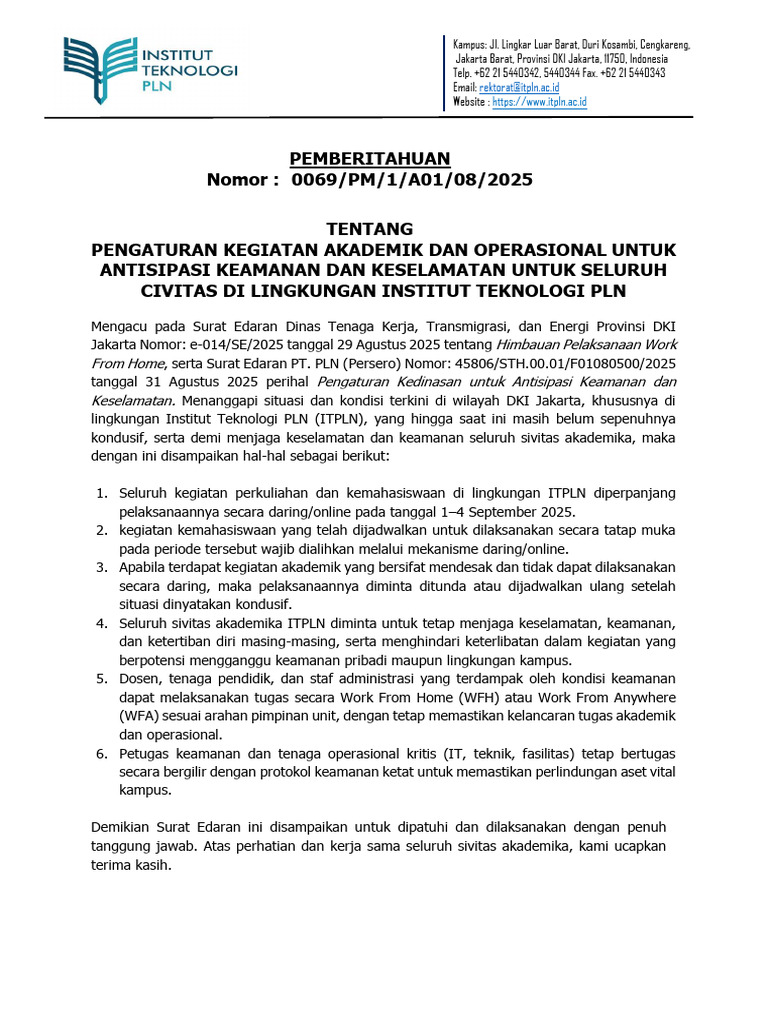 Pengumuman 0069_PM_1_A01!08!2025 Tentang Pengaturan Kegiatan Akademik Dan Operasional Untuk Ant ...