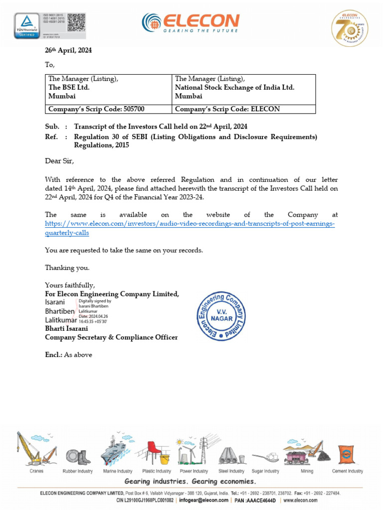 Dear Sir,: Company's Scrip Code: 505700 Company's Scrip Code | PDF ...