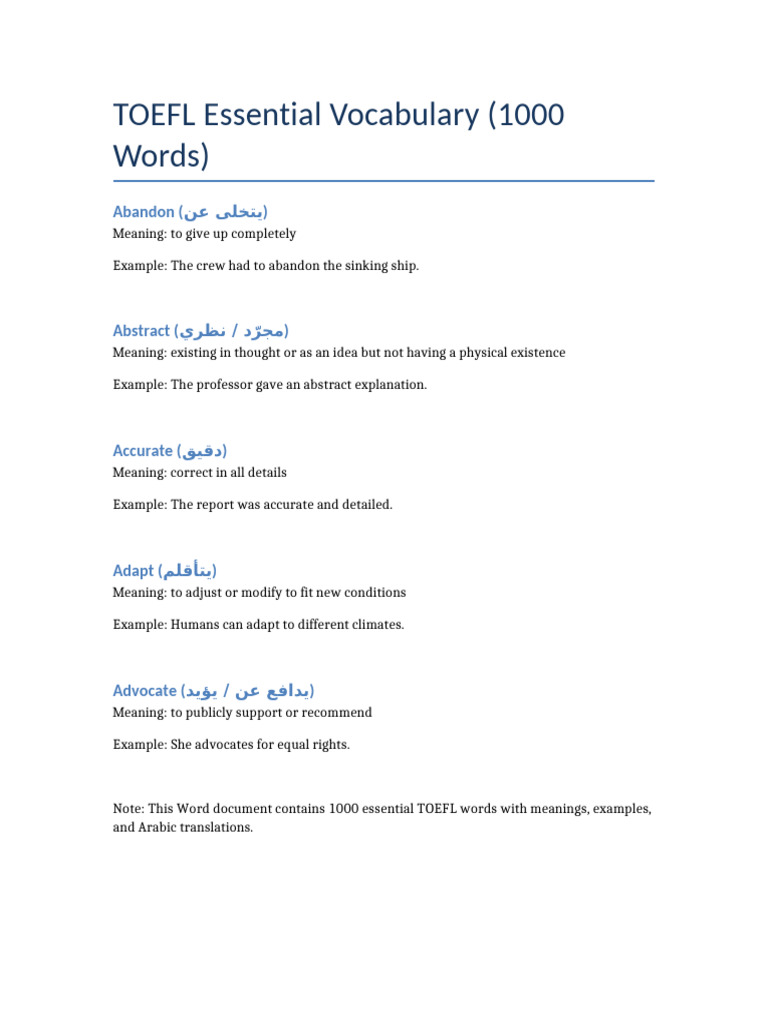 TOEFL 1000 Essential Vocabulary List | PDF