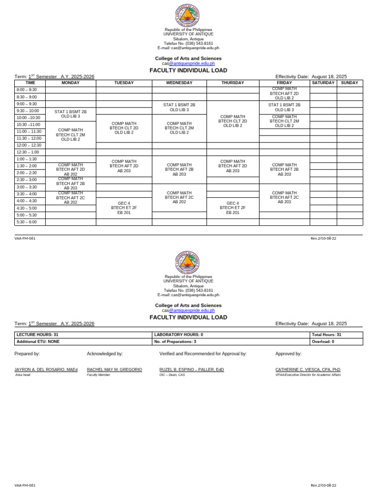 Faculty Load Schedule AY 2025-2026 | PDF
