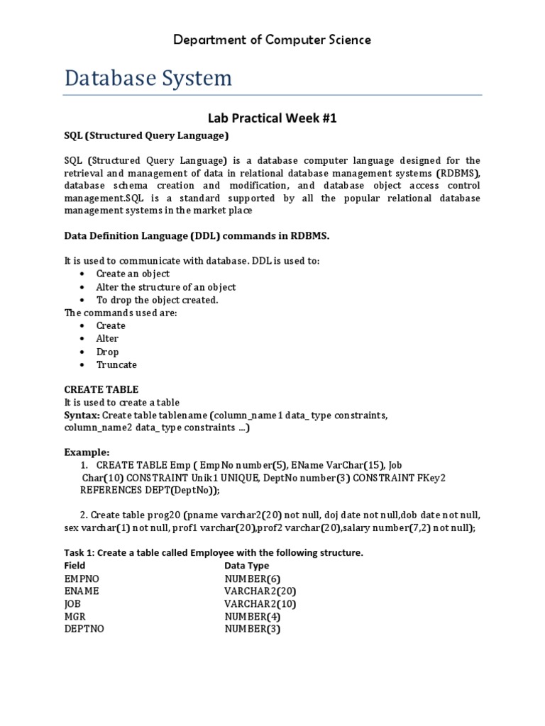 Database System: Lab Practical Week #1 | PDF | Sql | Table (Database)