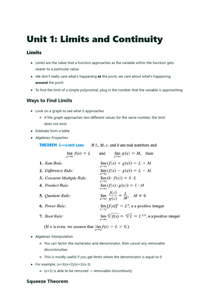 AP Calc BC-Unit 1 - Limits and Continuity | PDF | Asymptote | Limit ...
