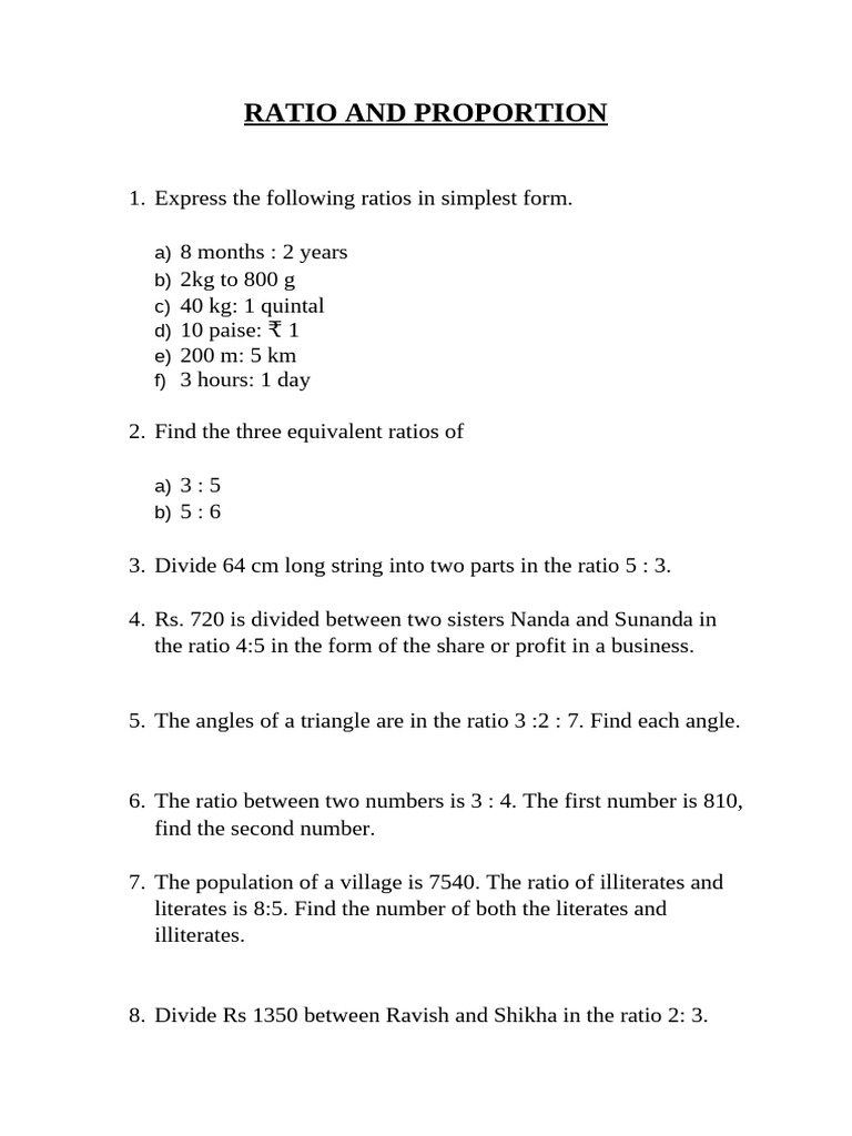 Class 7 Ratio and Proportion Worksheet | PDF