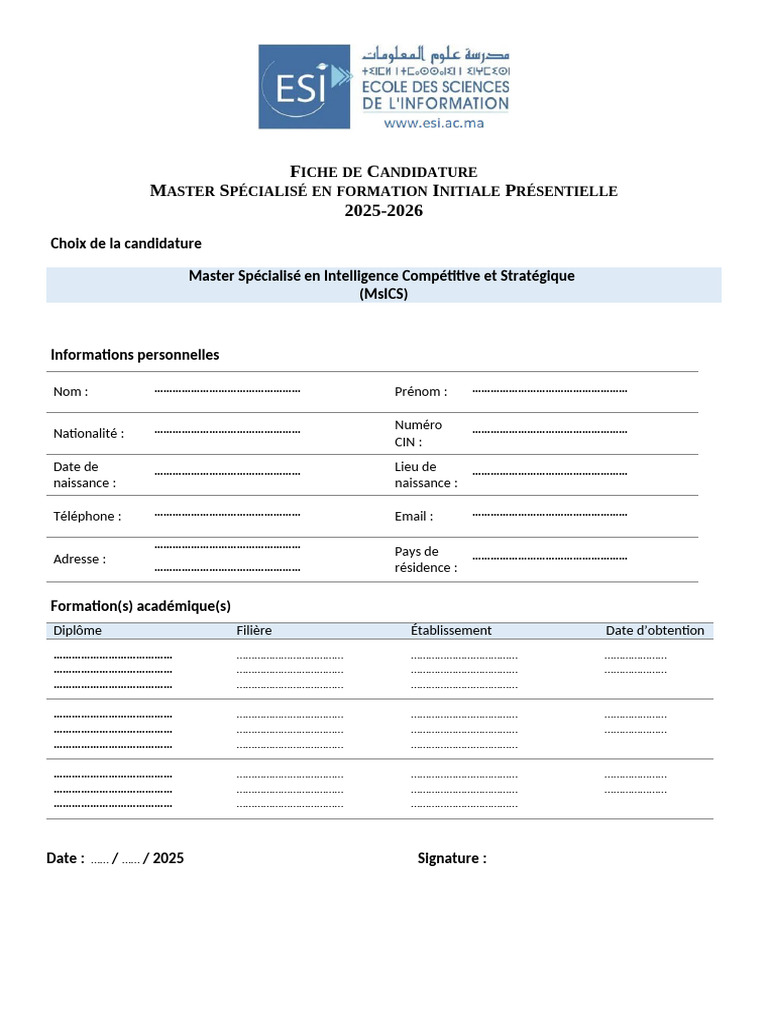 ESI Concours - Master Fiche - Candidature MsICS 2025-2026 | PDF