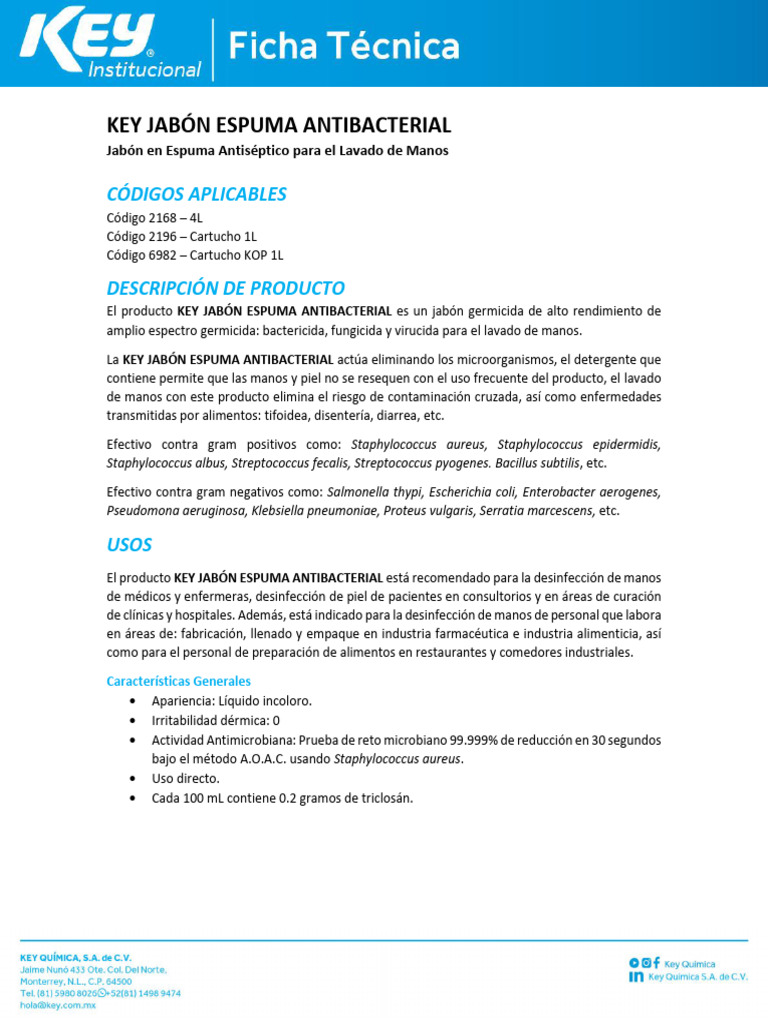 Jabón Espuma Antibacteriano KEY | PDF | Lavado de manos | Jabón