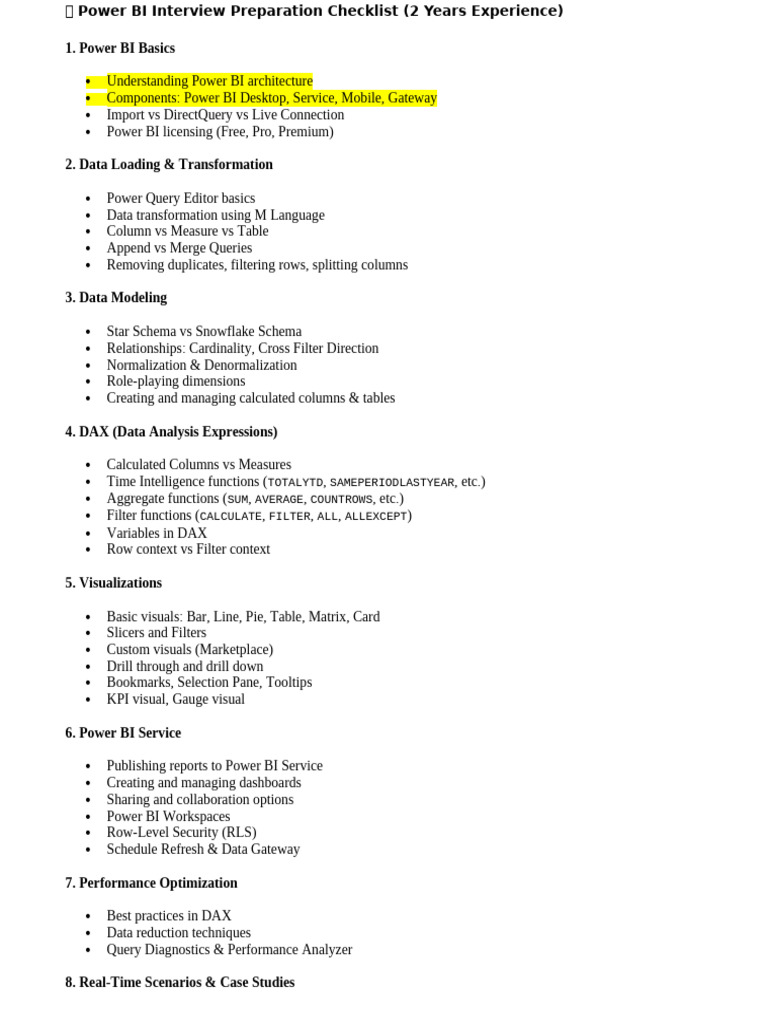 Power BI Interview Preparation Checklist | PDF