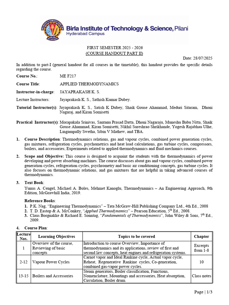 Applied Thermodynamics Course Handout | PDF | Continuum Mechanics ...