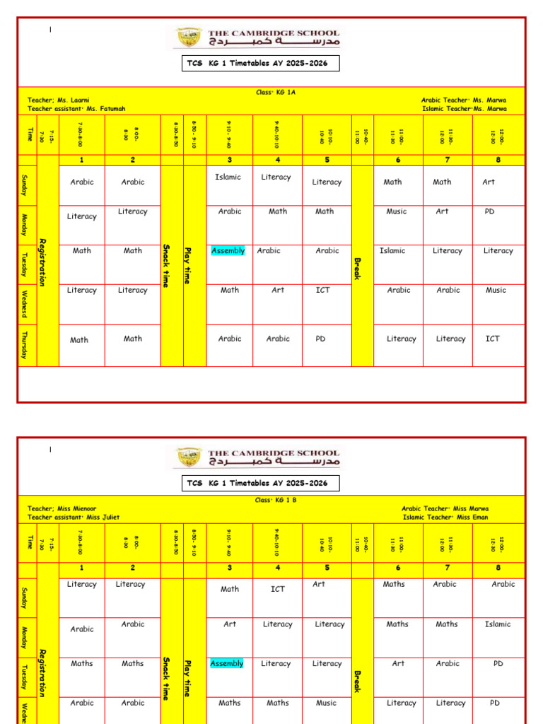 KG1 TIME TABLE Aug 2025-26 | PDF