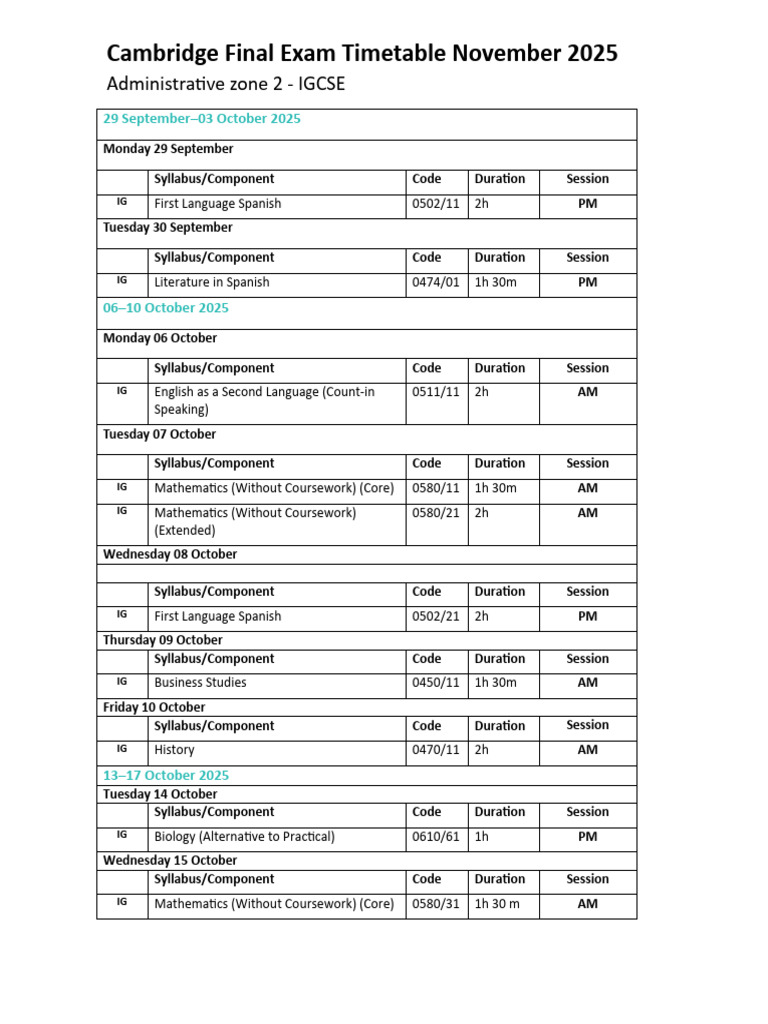 Igcse Cambridge Final Exam Timetable November 2025 Administrative Zone ...