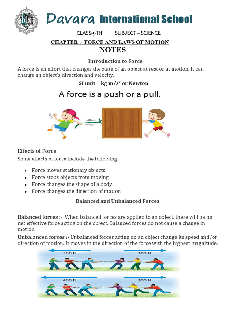 Force and Motion: Class 9 Science Notes | PDF | Force | Momentum