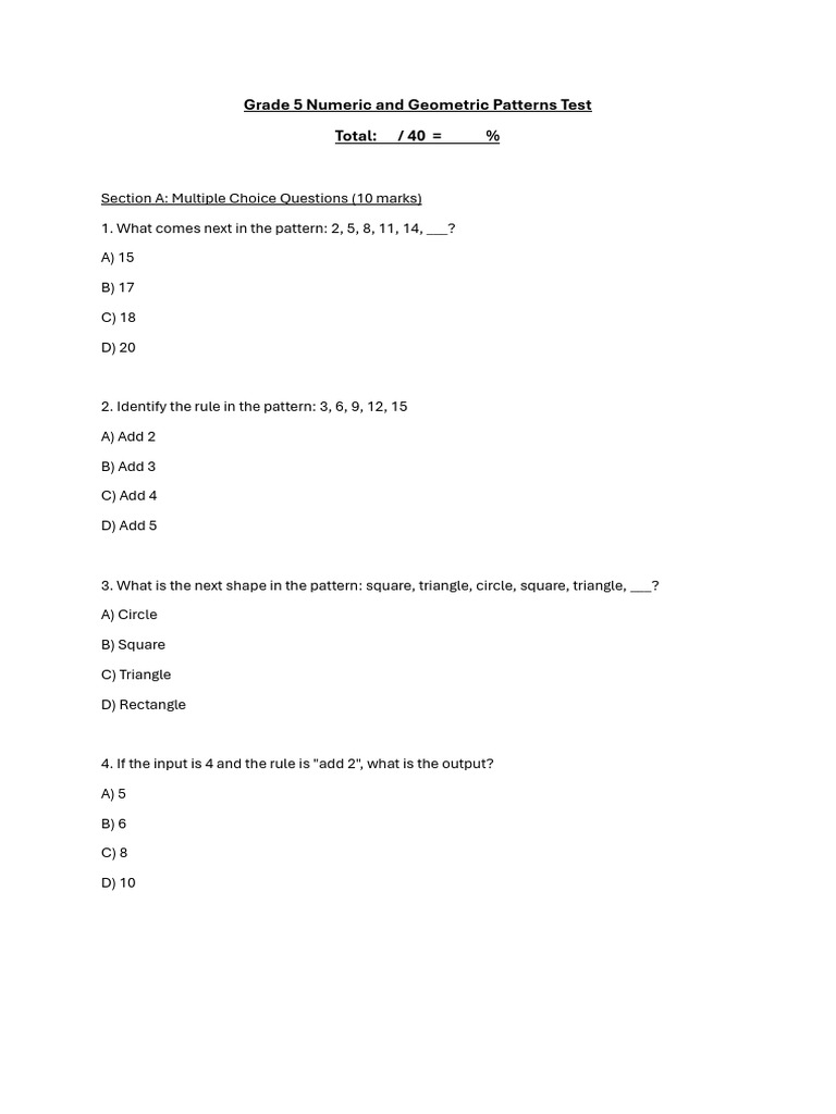 Grade 5 Patterns Test Worksheet | PDF | Shape | Geometric Shapes