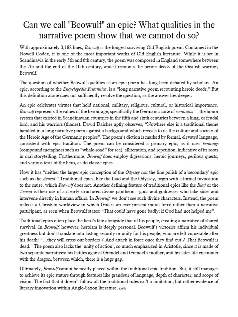 Beowulf: An Epic's Qualities and Limits | PDF | Beowulf | Epic Poetry