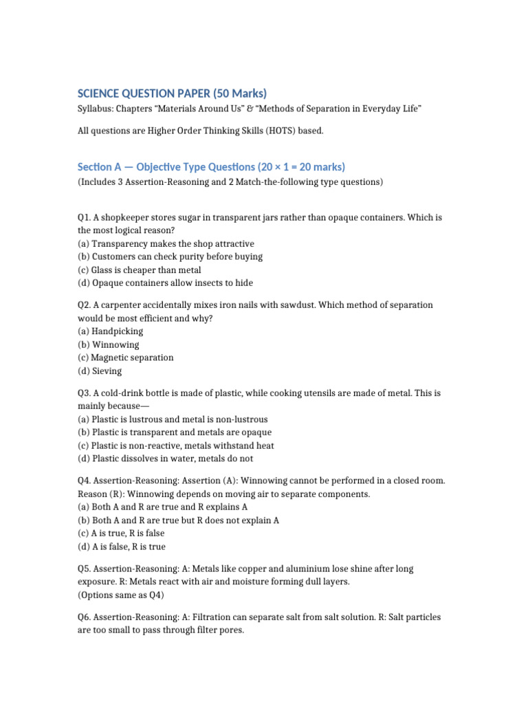 Science HOTS QuestionPaper | PDF | Filtration | Metals