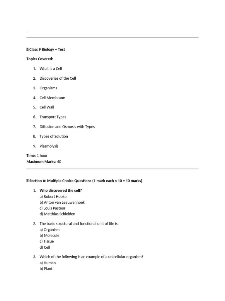 Class 9 Biology Cell Test Guide | PDF | Cell (Biology) | Osmosis