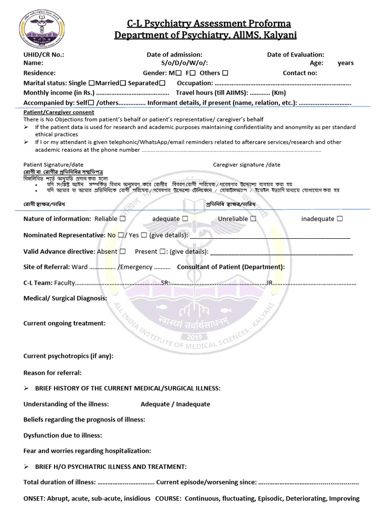 Revised CLP Assessment Proforma - 2025 - AIIMSK | PDF | Psychiatry | Mental Health