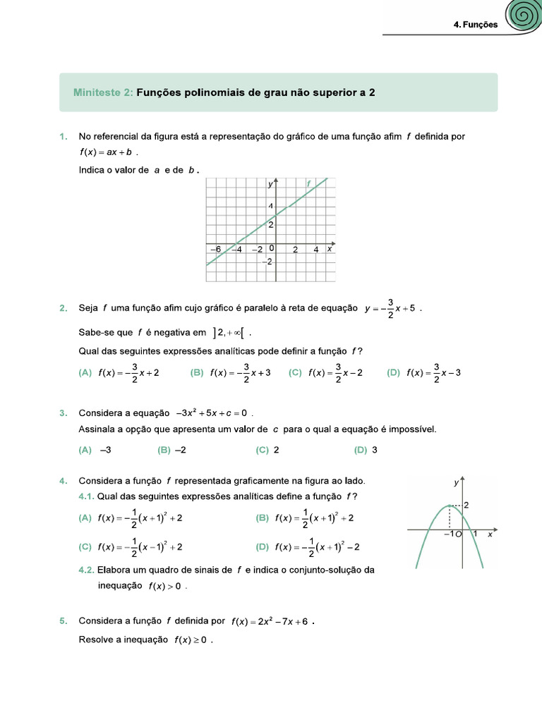 Ficha de Trabalho - Funções Polinomiais de Grau Não Superior A 2 | PDF