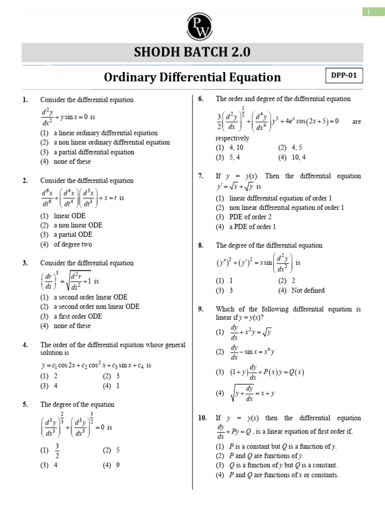 Ordinary Differential Equation - DPP 01 - Shodh 2.0 Batch For CSIR NET ...