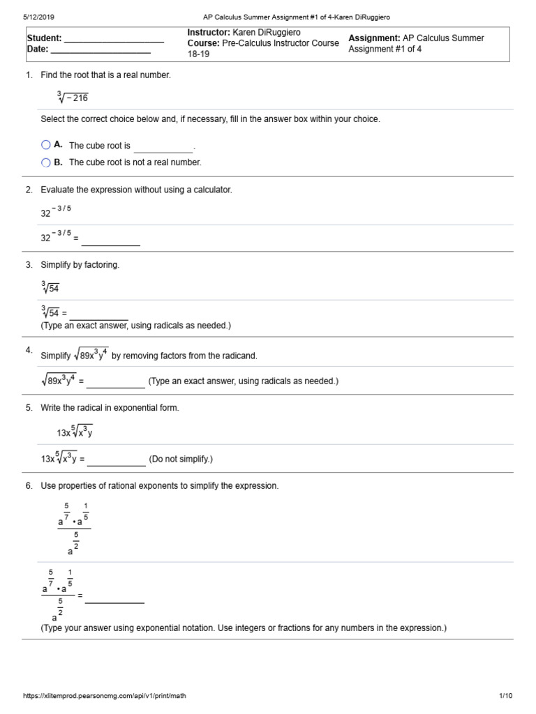 AP Calculus Summer Assignment 1 | PDF | Exponentiation | Real Number