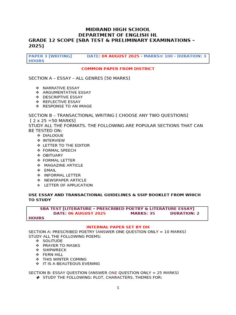 2025 Grade 12 Prelim Exam Scope Eng HL | PDF | Essays | Human Communication