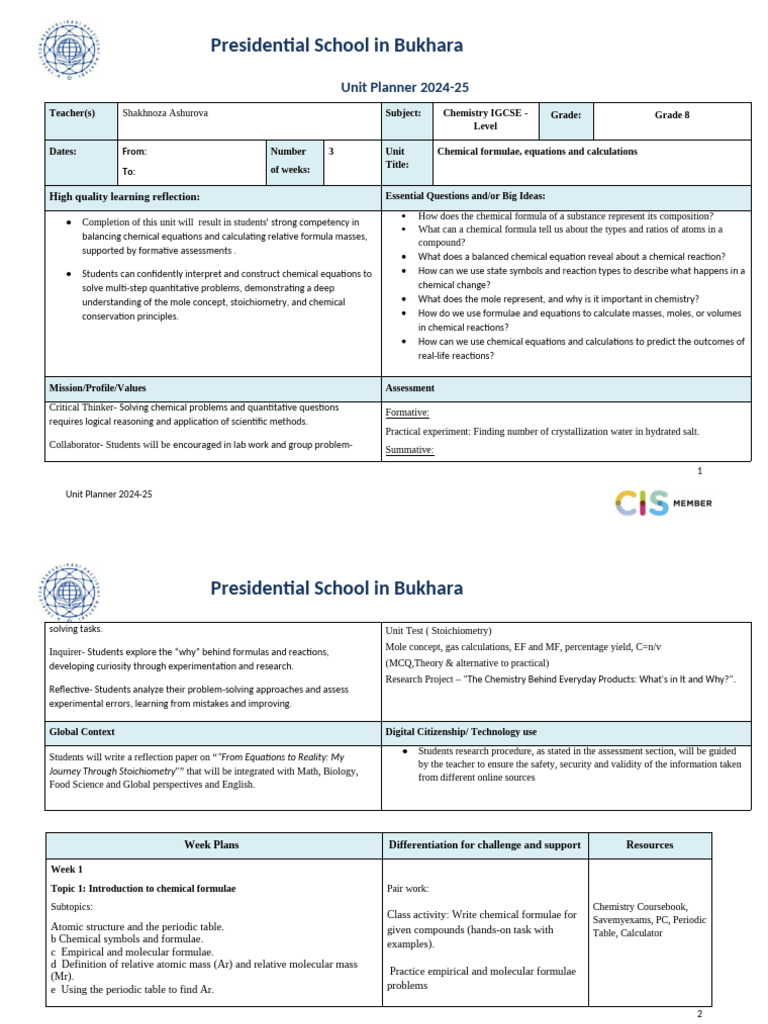 Unit Plan Edexcel IGCSE Stoichiometry | PDF | Stoichiometry | Formula