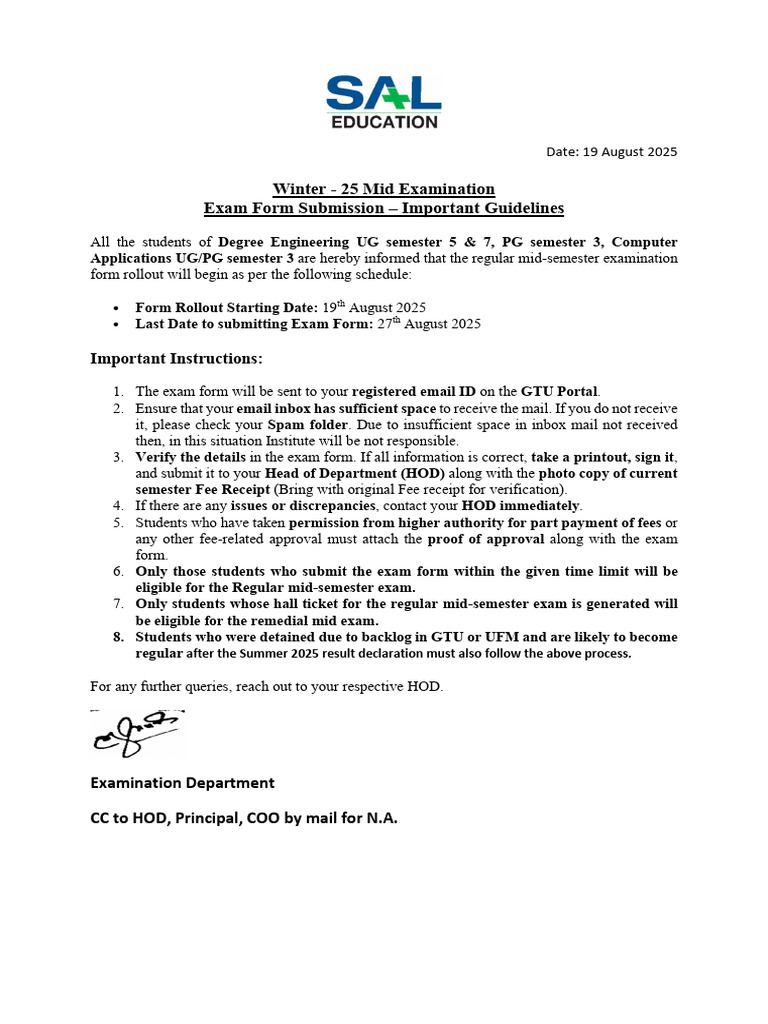 Mid Exam Form Circular UG Sem 5,7 PG Sem 3 | PDF