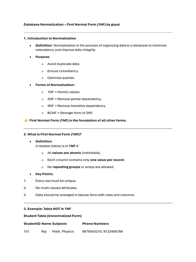 Database Normalization - First Normal Form (1NF) by Goyal | PDF | Information Technology ...