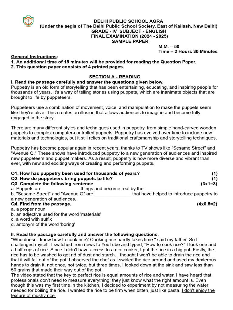 Grade IV English Sample Paper 2024-25 | PDF | Puppets | Puppetry