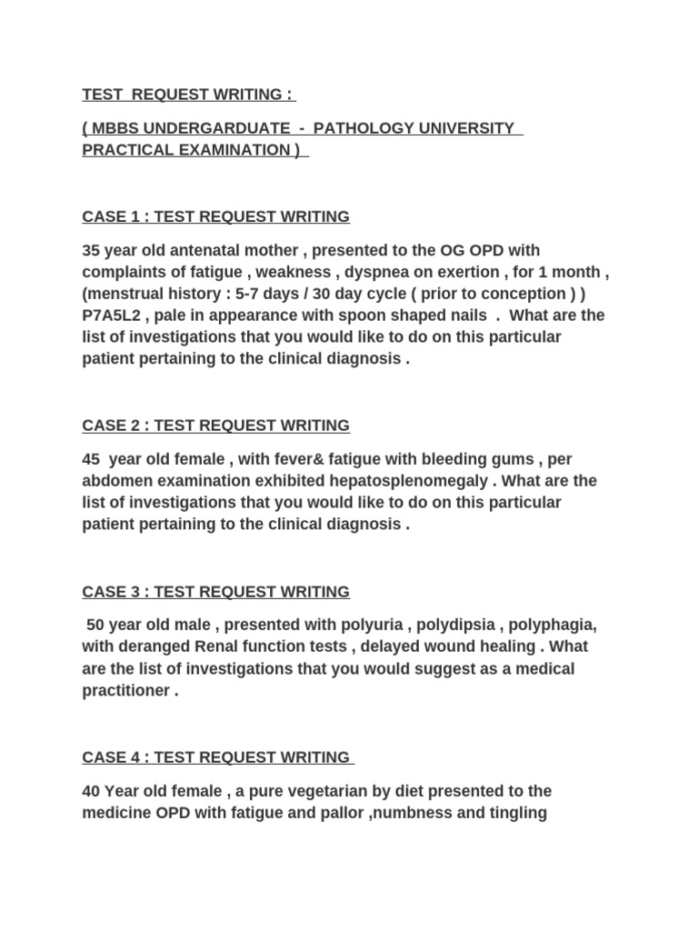 Test Request Writing Final | PDF | Anemia | Medical Specialties