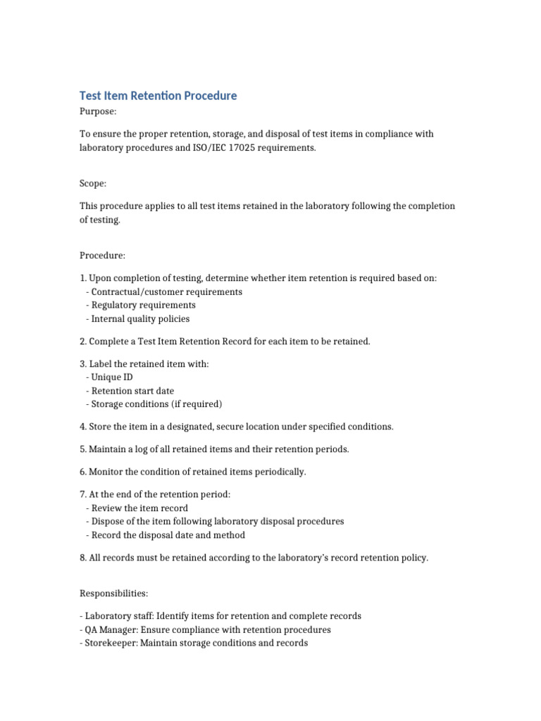 Test Item Retention Procedure | PDF