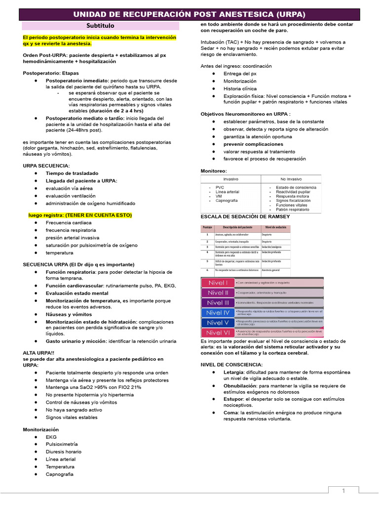Guía de Recuperación Post Anestésica URPA | PDF | Anestesia | Coma