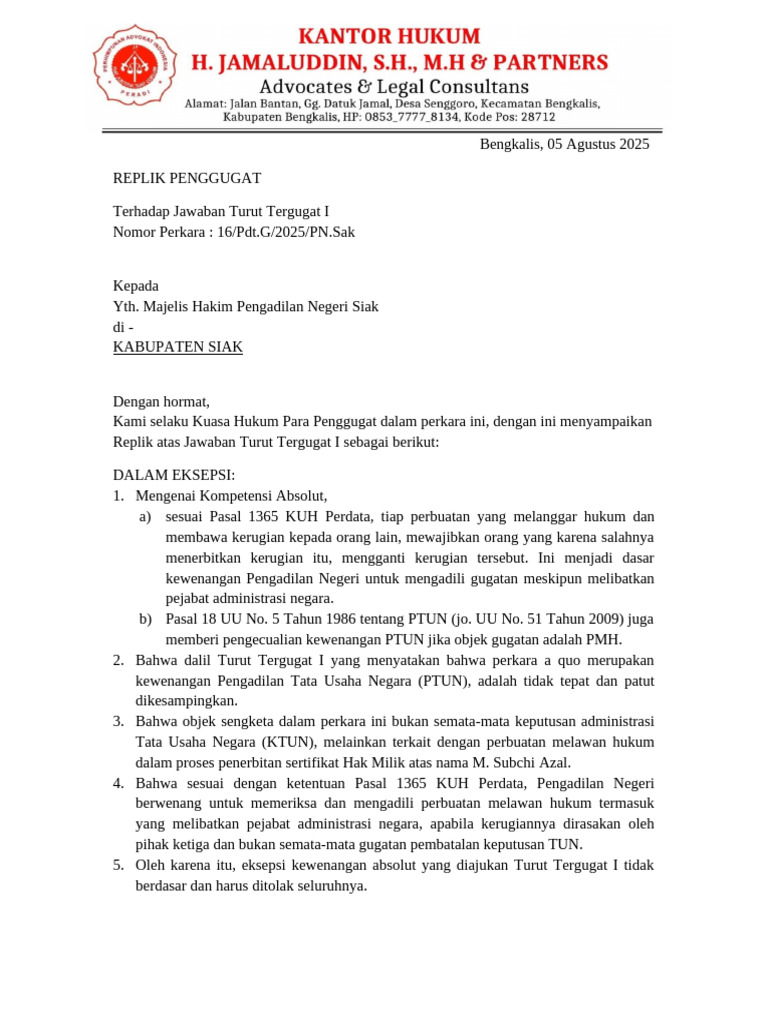 Replik Penggugat atas Jawaban Tergugat I | PDF