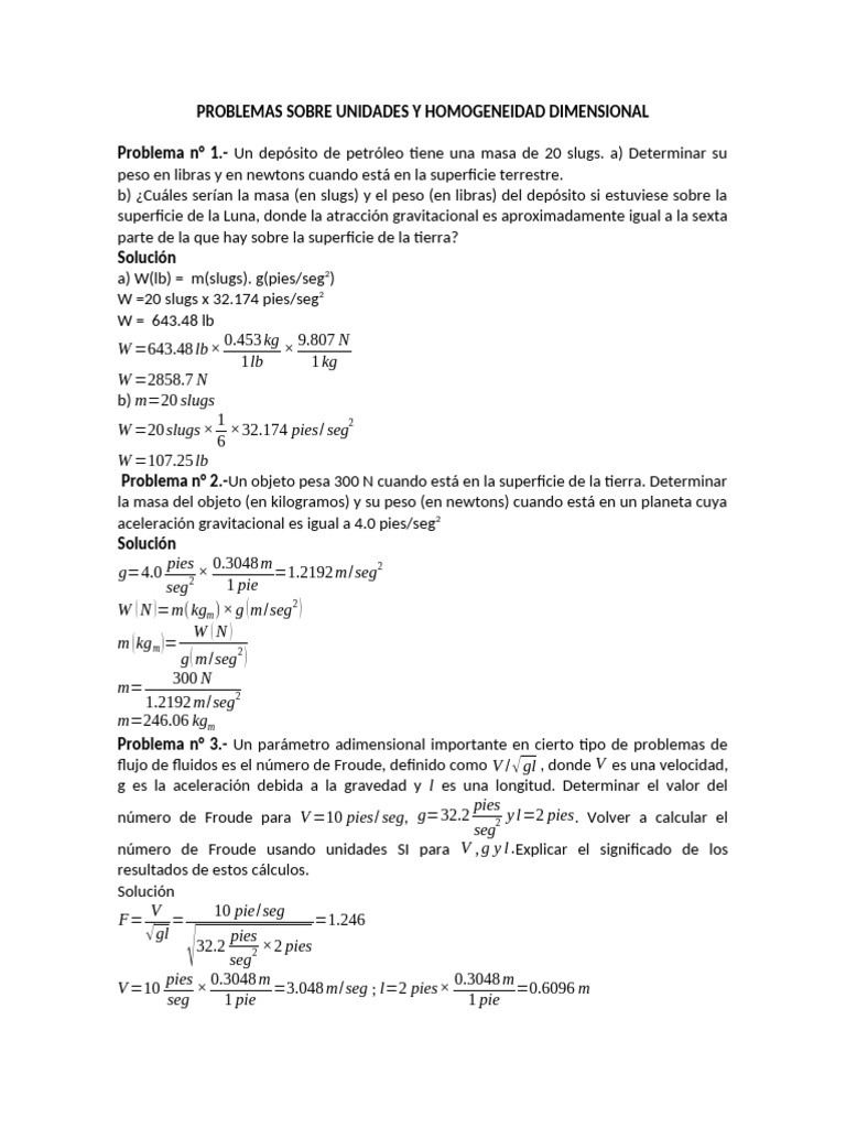 Problemas de Unidades y Homogeneidad Dimensional | PDF | Ecuaciones | Masa