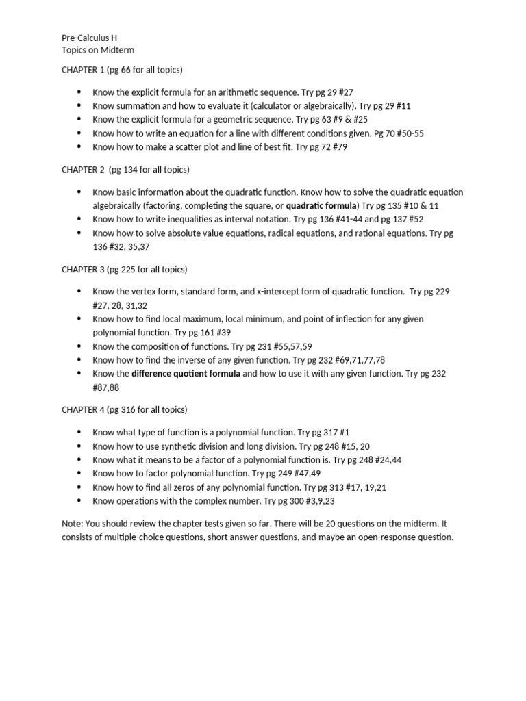 Precalculus Midterm Review Topics | PDF