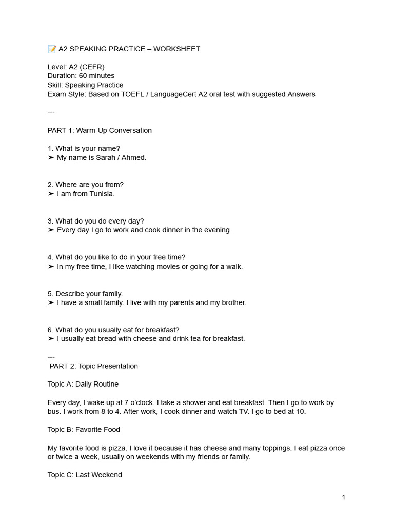 A2 Speaking Practice Worksheet | PDF