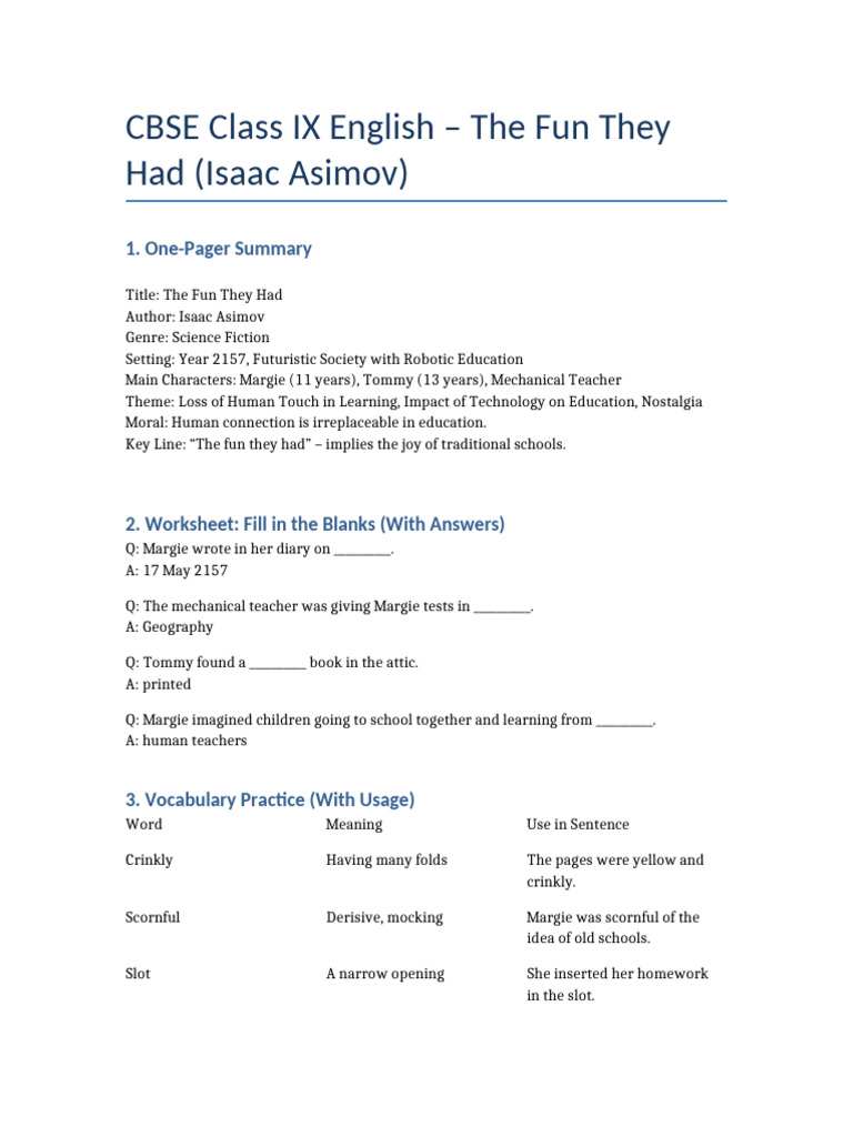 Insights on "The Fun They Had" | PDF | Cognition | Psychology