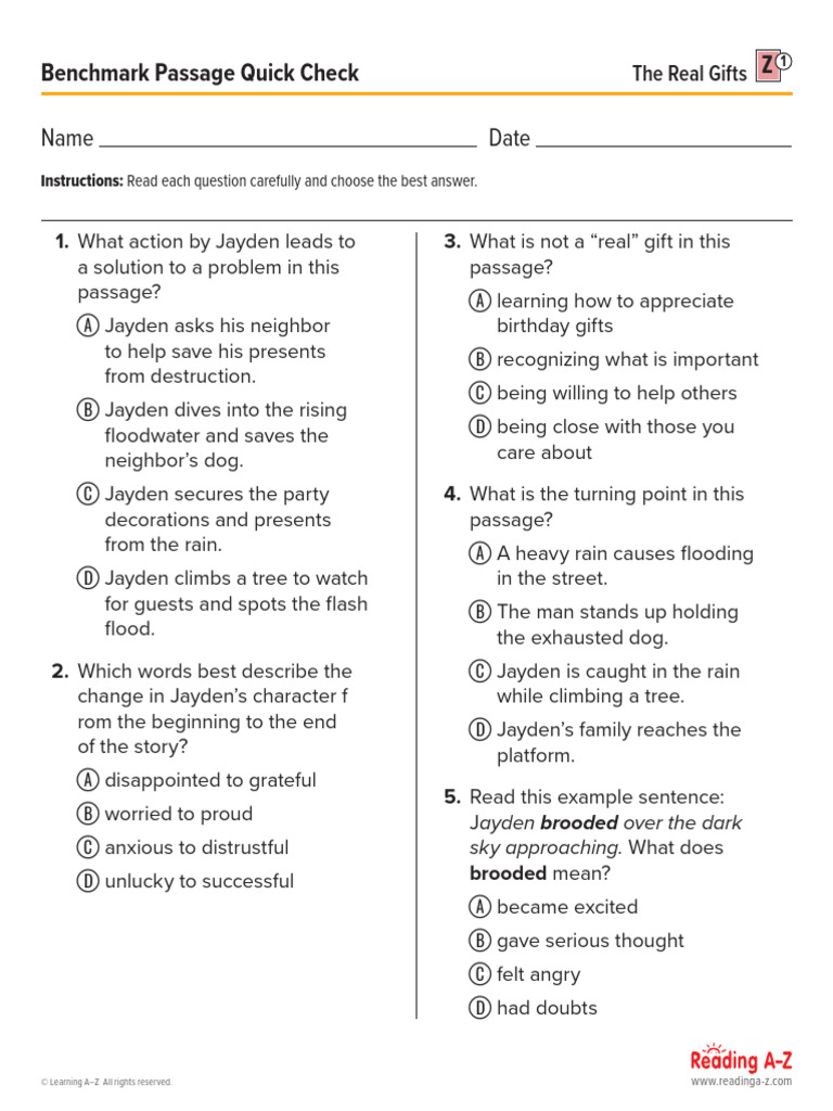 The Real Gifts Benchmark Assessment Passage Comprehension Quiz | PDF