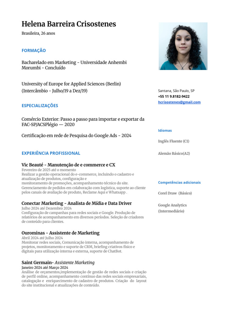 Currículo Helena Crisostenes 2025 | PDF | E-commerce | Gestão de relacionamento com o cliente
