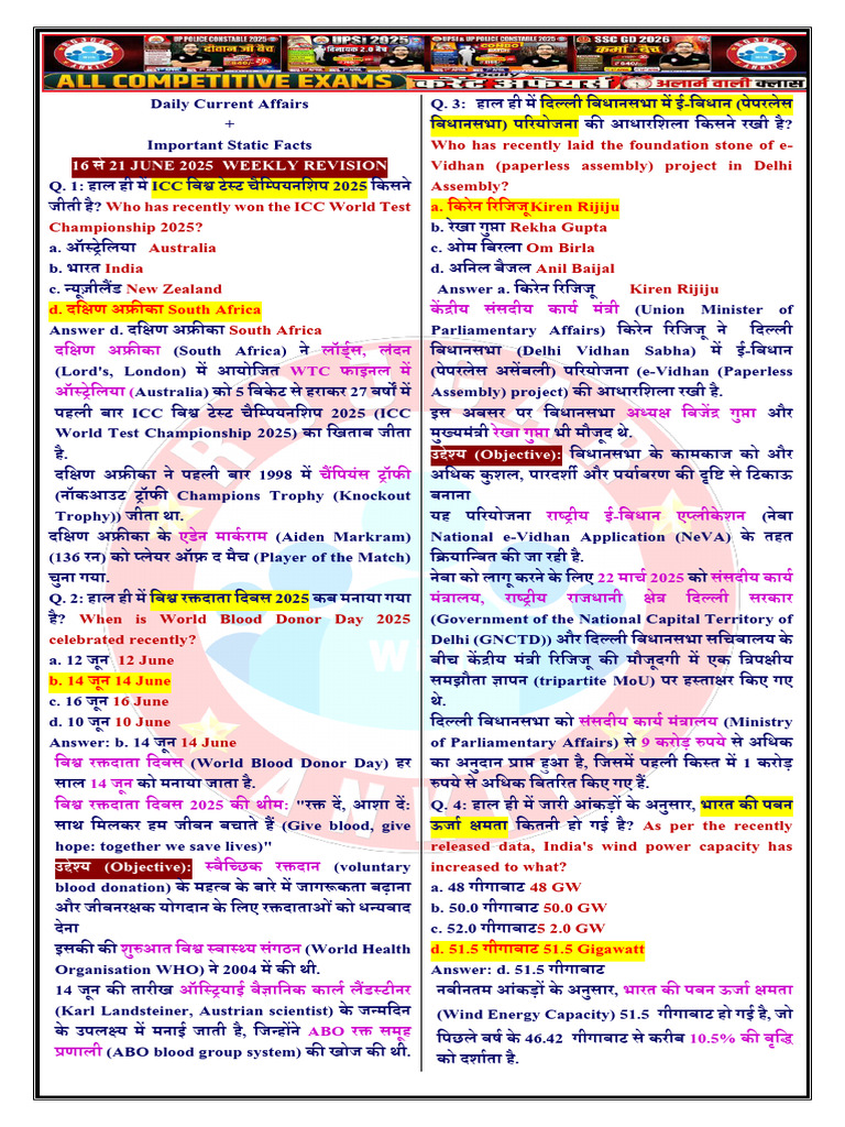 Weekly Current Affairs 2025, Current Affairs Weekly Revision | PDF