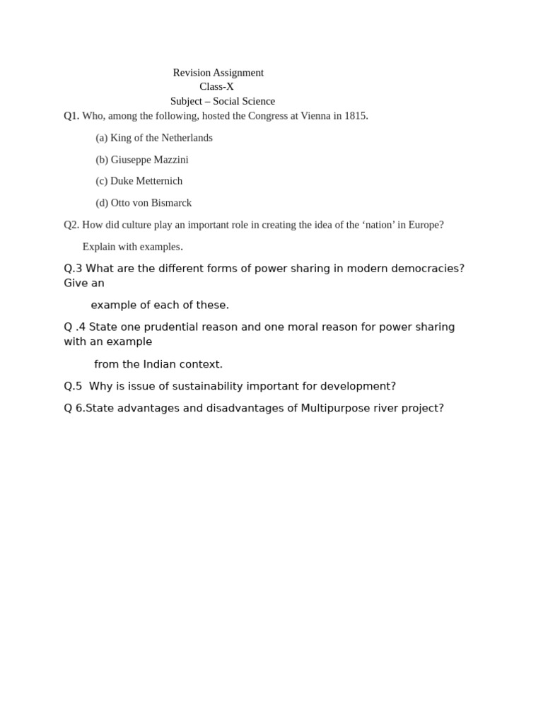 Revision Assignment Class-X Subject - Social Science Q1 | PDF