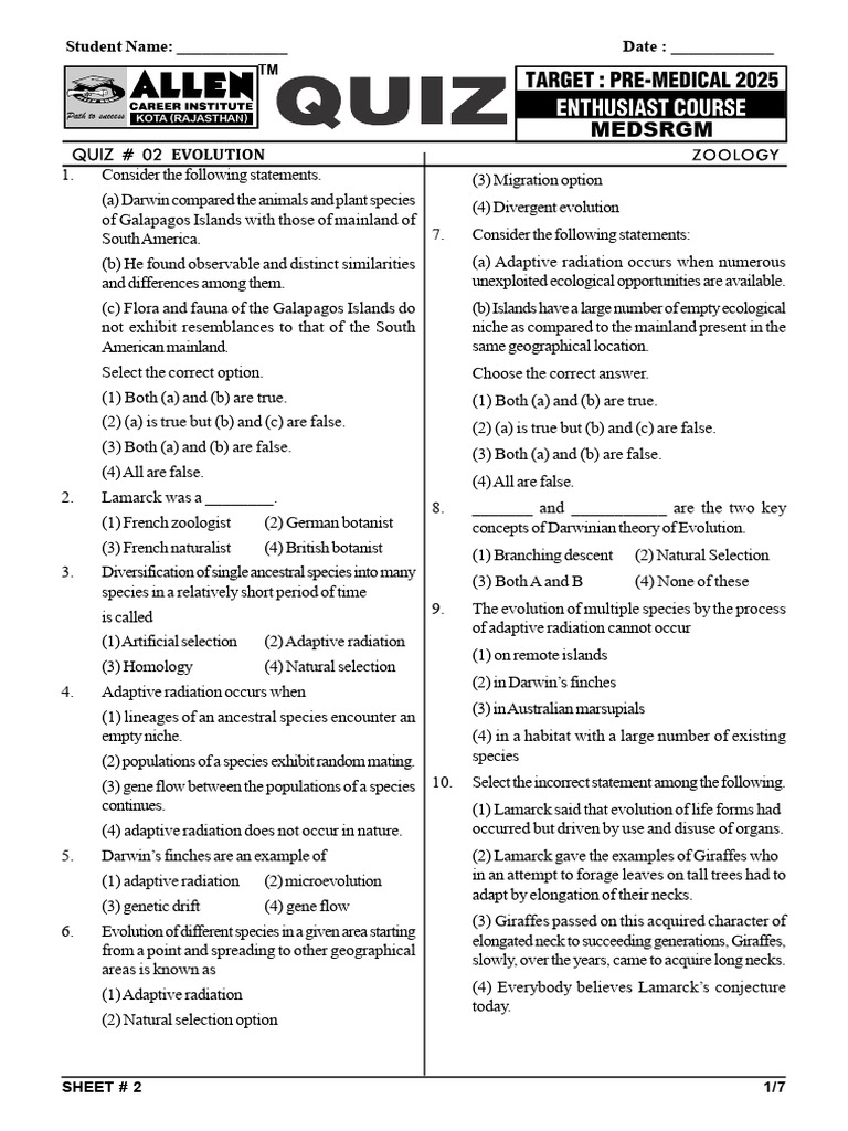 Evolution Quiz: Adaptive Radiation & Selection | PDF | Natural ...