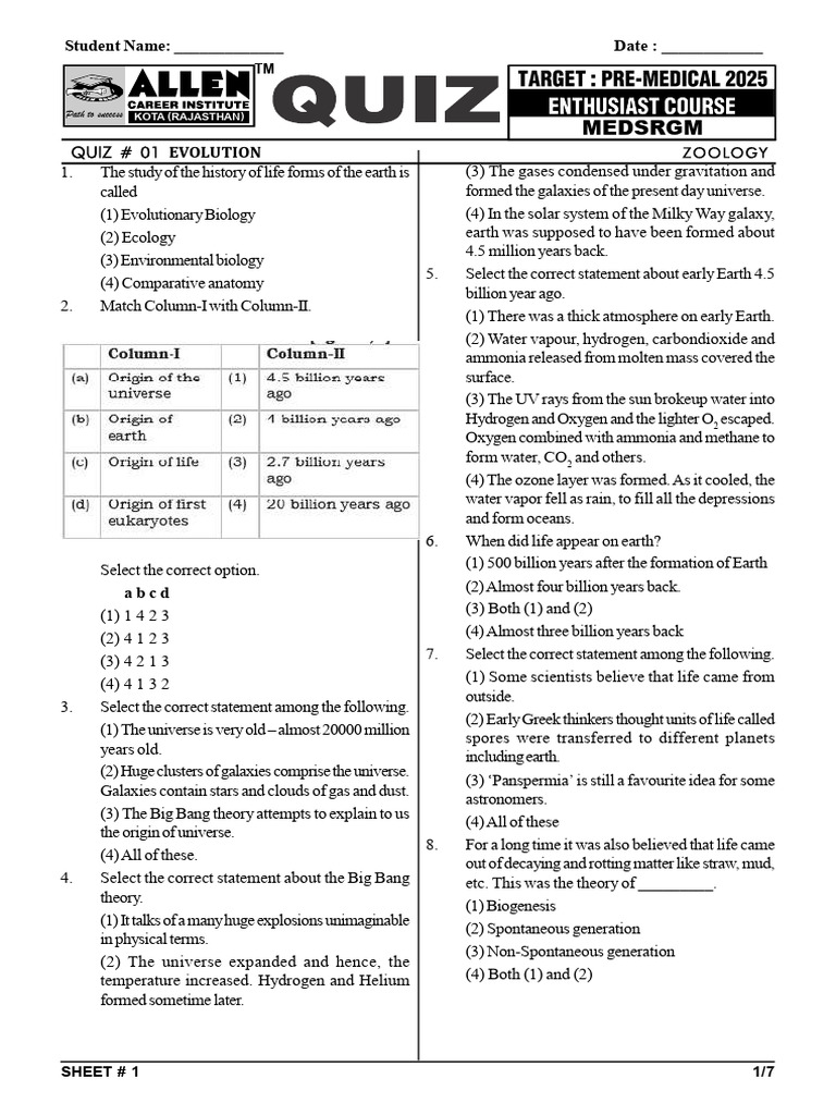 Enthuse - Zoology - Quiz # 1 (Evolution) | PDF | Homology (Biology ...
