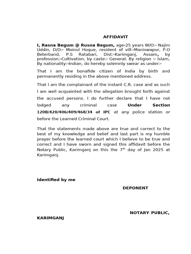 Affidavit of Rasna Begum, India | PDF