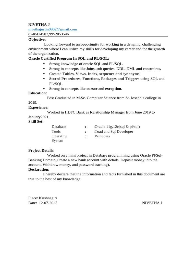 Resume Nivetha Fresher | PDF