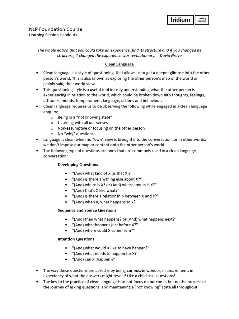 01 Handout - Clean Language | PDF | Social Psychology | Cognition