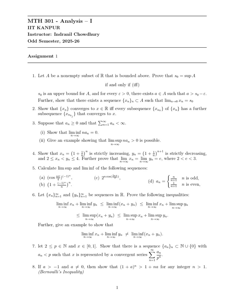 Assignment-01-MTH301 2025 26 | PDF | Sequence | Real Number