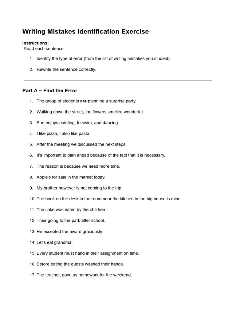 Writing Mistakes Identification Exercise | PDF