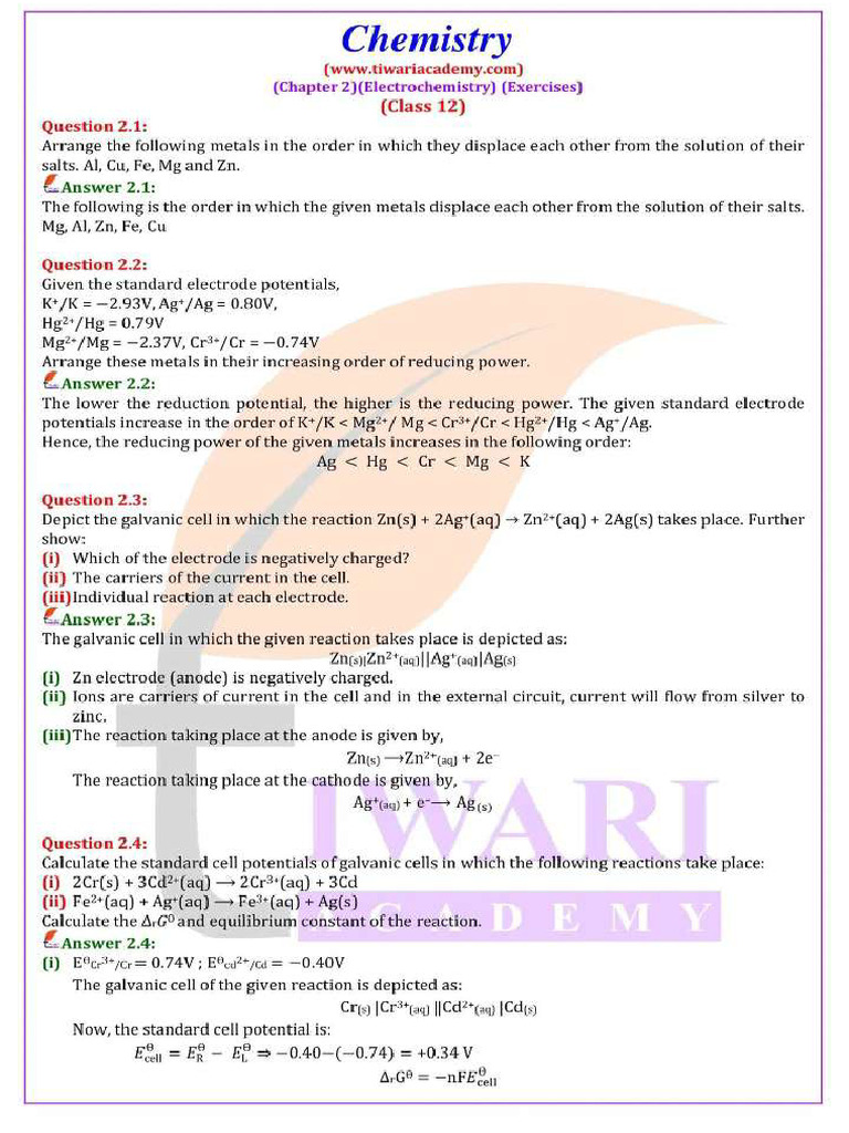 Electrochemistry Excercise and Intext Solution | PDF