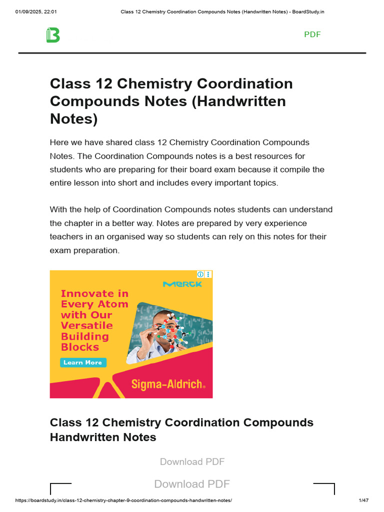 Class 12 Chemistry Coordination Compounds Notes (Handwritten Notes ...