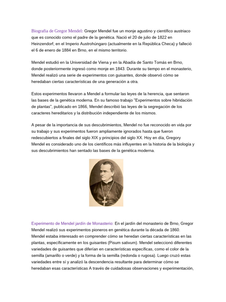Biografía de Gregor Mendel, padre de la genética | PDF | Dominancia ...